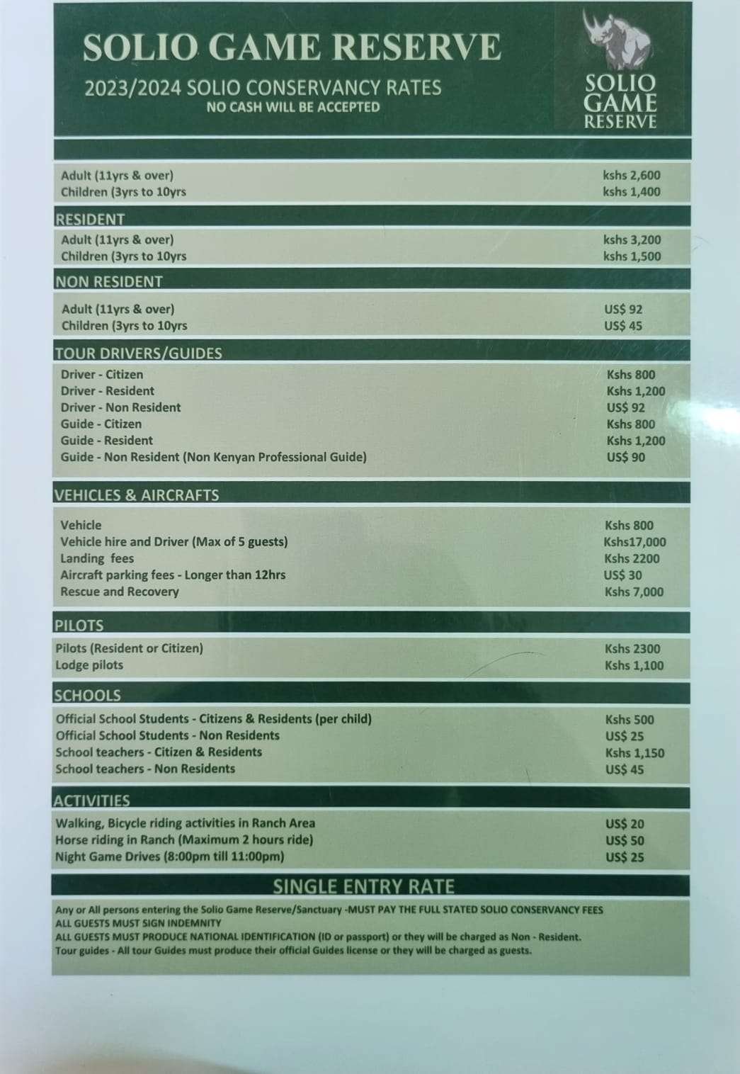 Solio Ranch Conservancy 2024/2025 Park Entry Fees - Sunup Adventures
